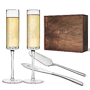 AW BRIDAL Mr & Mrs Champagne Flutes Bride and Groom Champagne Glasses Wedding Cake Knife Set Cake, Cake Cutting Set for Wedding,Bridal Shower Gift Wedding Anniversary Engagement for Couple