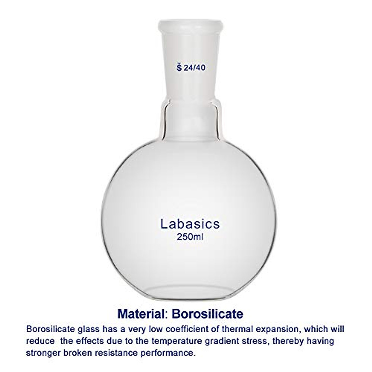 Labasics Glass 250ml Single Neck Flat Bottom Boiling Flask, with 24/40 Standard Taper Outer Joint, 250ml