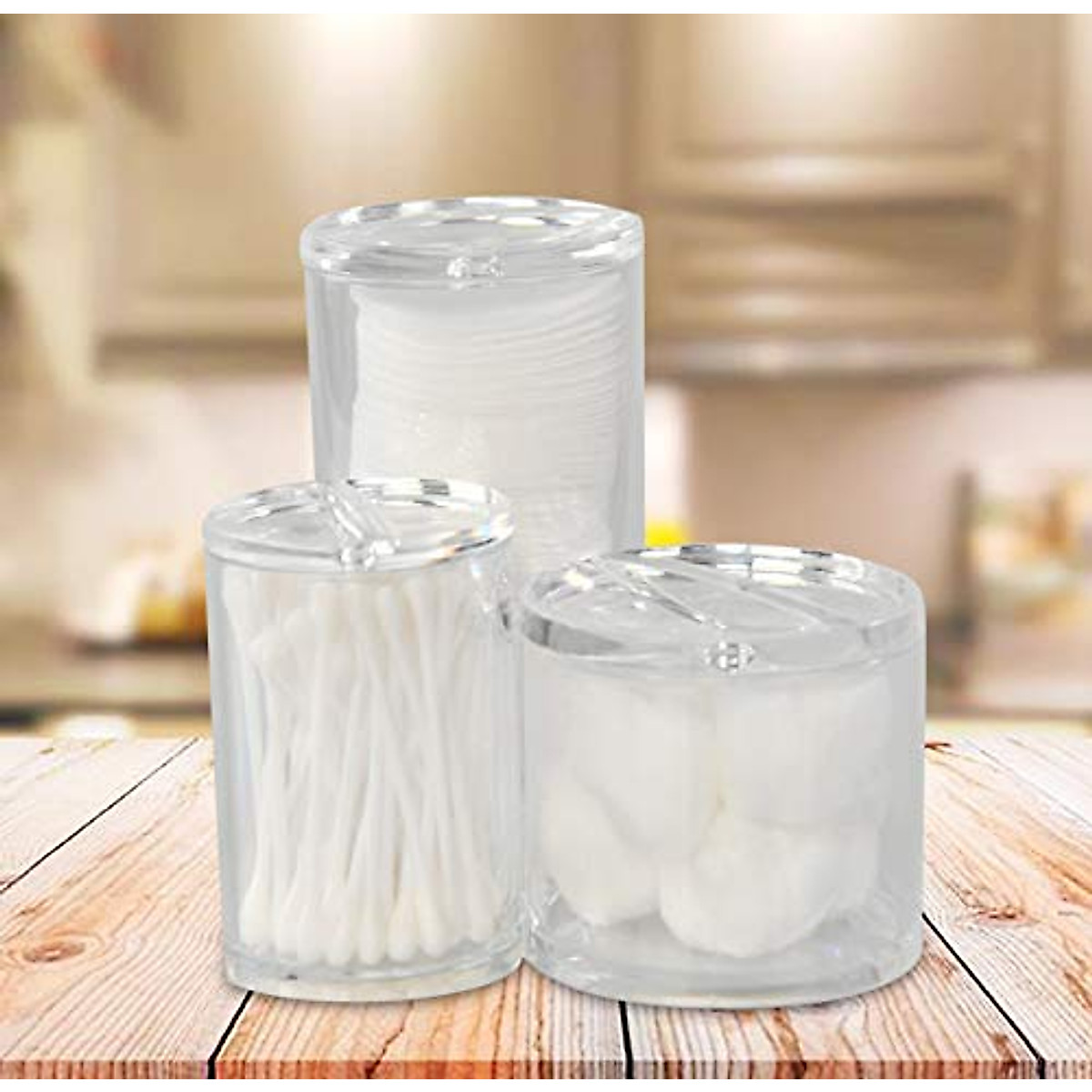 Home-X Bathroom Organizer Jars, 3 in 1 Acrylic Storage Containers with Lids, Vanity Decor, Cotton Rounds and Swabs Organizer, 5 ½” H x 2 ¾” D, 3" H x 3" D, 3 ¾” H x 2 ¼” D