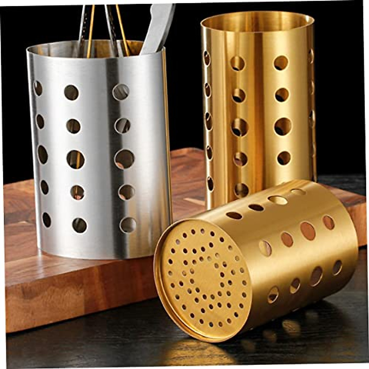 LIFKICH Multi-Purpose Silverware Gold Kitchen Spoon Steel Organizer Basket Drainer Utensils Drying Countertop Racks Cooking Safe Hole Storage Flatware Stand S Hanging Shelf Chopsticks