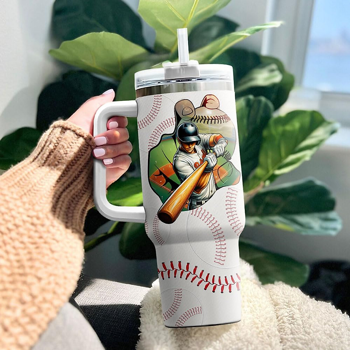 99WHALE Baseball Hustle Hit, Simple Life Women Tumblers White Handle Modern Insulated Swig Cup Red Boys Men For, Baseball Gifts, Tumbler 40 Oz With Handle Lid And Straw