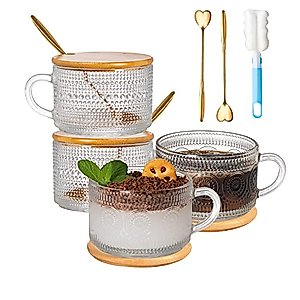 megarte Vintage Glass Coffee Mugs - 14 Oz Embossed Glass Mugs with Bamboo Lids and Golden Spoons Set Of 4 - Coffee Cups for Cappuccino, Latte, Cereal, Yogurt, Tea Christmas Thanksgiving Gifts