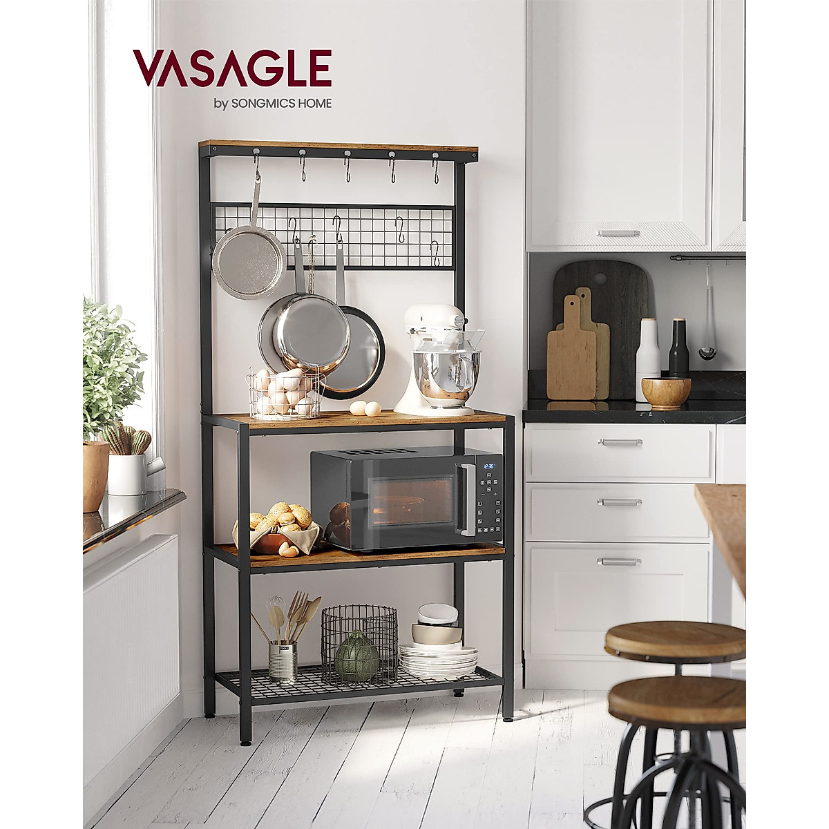 VASAGLE Bakers Rack, Coffee Bar, Kitchen Storage Shelf Rack with 10 Hooks, 3 Shelves, Adjustable Feet, for Microwave Oven, 15.7 x 33.1 x 66.9 Inches, Industrial, Rustic Brown and Black UKKS17BX