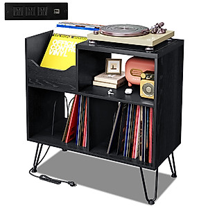TC-HOMENY Record Player Stand with Vibration-Isolated Turntable Design, Vinyl Record Storage Table with Charging Station, Mid-Century Modern Turntable Stand (Black)