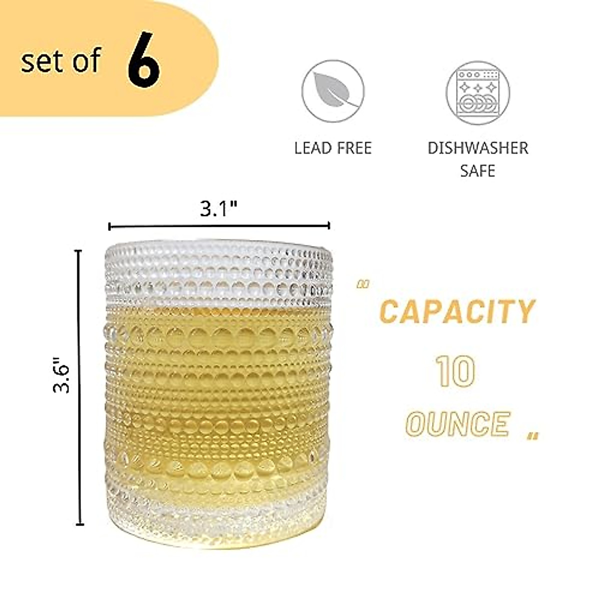 JPPSUJJ Cocktail Glasses 10 oz Hobnail Drinking Glasses Set of 6, Vintage Glassware, Textured Glass Cups Bubble Glasses Water Glasses Old Fashion Jupiter Glasses Set, Clear