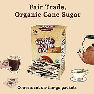 Sugar In The Raw Organic Granulated White Premium Cane Sugar, No Added Flavors or erythritol, Pure Natural Sweetener, Hot & Cold Drinks, Coffee, Tea Vegan, Gluten-Free, Non-GMO, Bulk Sugar, 250 ct packets (1-Pack)