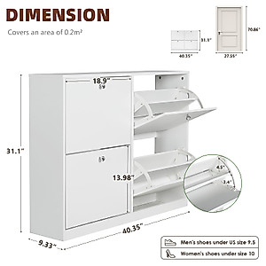 Deipto Shoe Storage Cabinet for Entryway, 3 Tier Wood Shoe Organizer Cabinet with Flip Drawers ＆ Lnduction Led Light, White Narrow Hidden Shoe Rack Cabinet for Front Door Entrance (White, 4-Drawers)