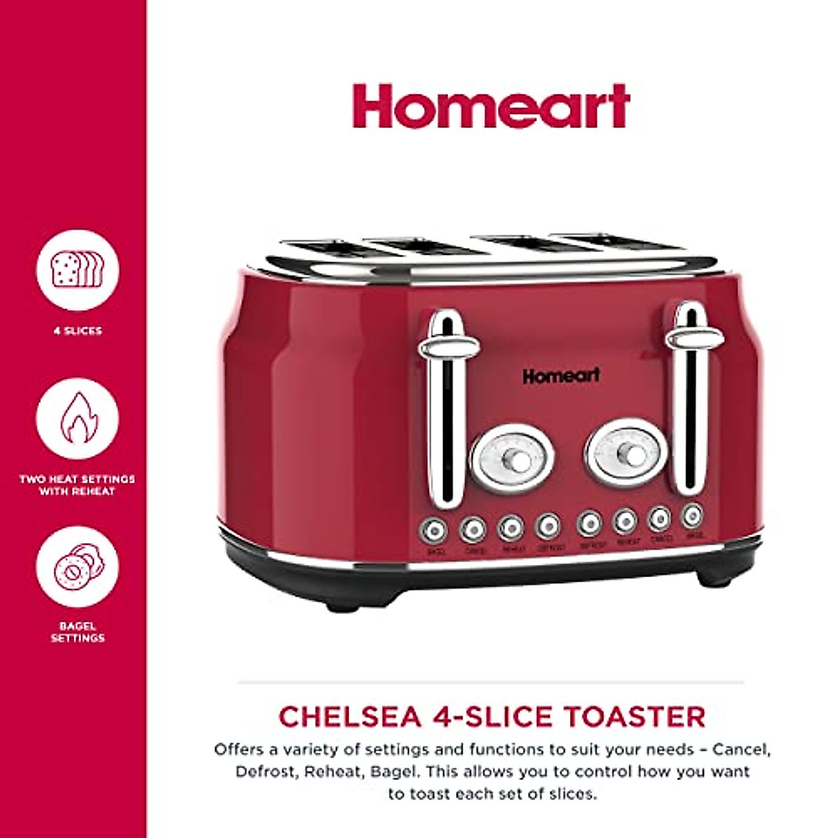 Homeart Chelsea 4-Slice Retro Toaster - Stainless Steel With Removable Crumb Tray, Adjustable Browning Control With Multiple Settings to Cancel, Defrost, Reheat and Bagel - 1500W, Red
