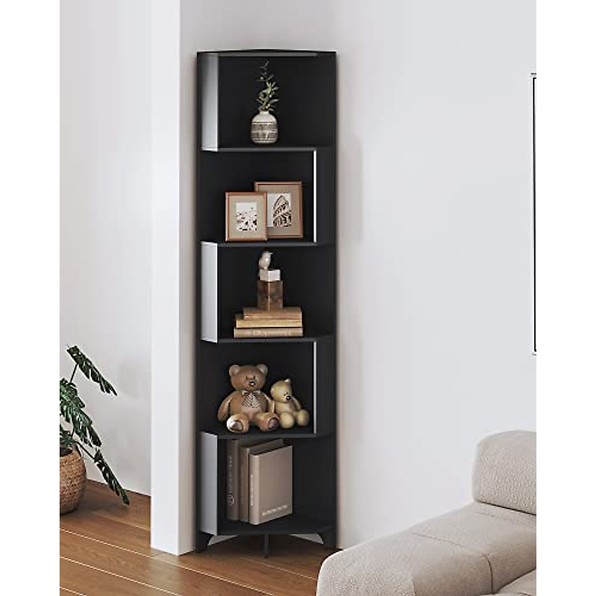 Yusong Bookshelf Corner Shelf Bookcase, Wooden 5-Tier Book Shelves Display Cabinet for Living Room,Bedroom,Bathroom, Black