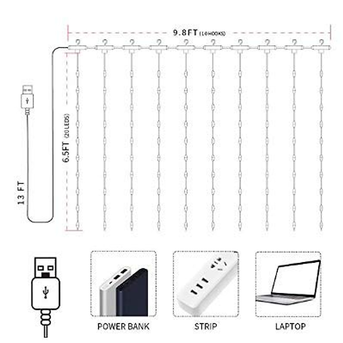 JMTGNSEP Curtain Light with 8 Modes Control Decoration for Window Home Patio Garden Christmas Indoor Outdoor Decoration, USB Operated, IP64WATERPROOF (Blue)