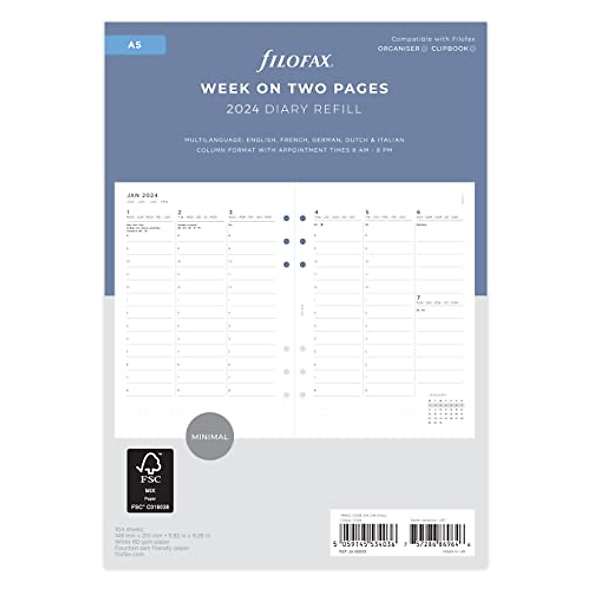 Filofax A5 Minimal week to view vertical 2024 diary with appointments, White