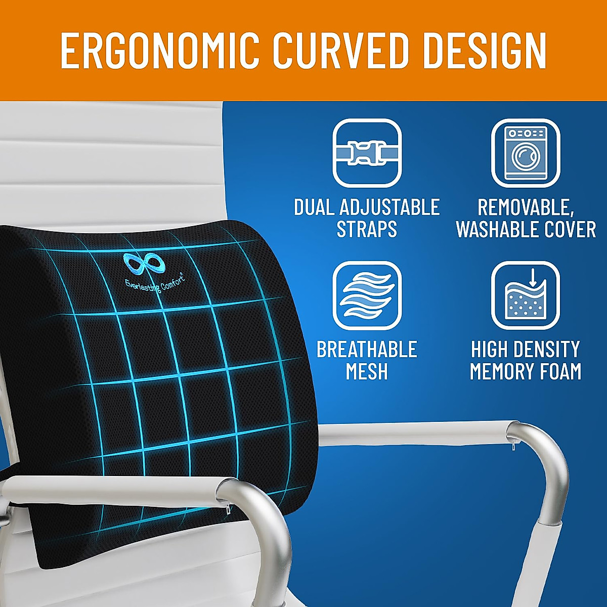 Everlasting Comfort Lumbar Support Pillow for Office Chair Back - Improve Posture While Sitting - Memory Foam Cushion Design for Computer Desk, Car, Gaming, Couch, Recliner