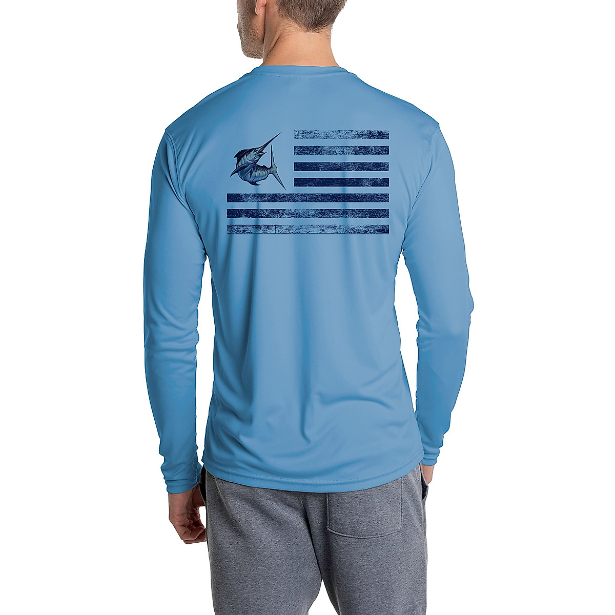 Vapor Apparel Men's Marlin Fish Flag Solar Outdoor UPF 50+ Long Sleeve T-Shirt, UV Sun Protection for Fishing, Running, Hiking, Columbia Blue, Large