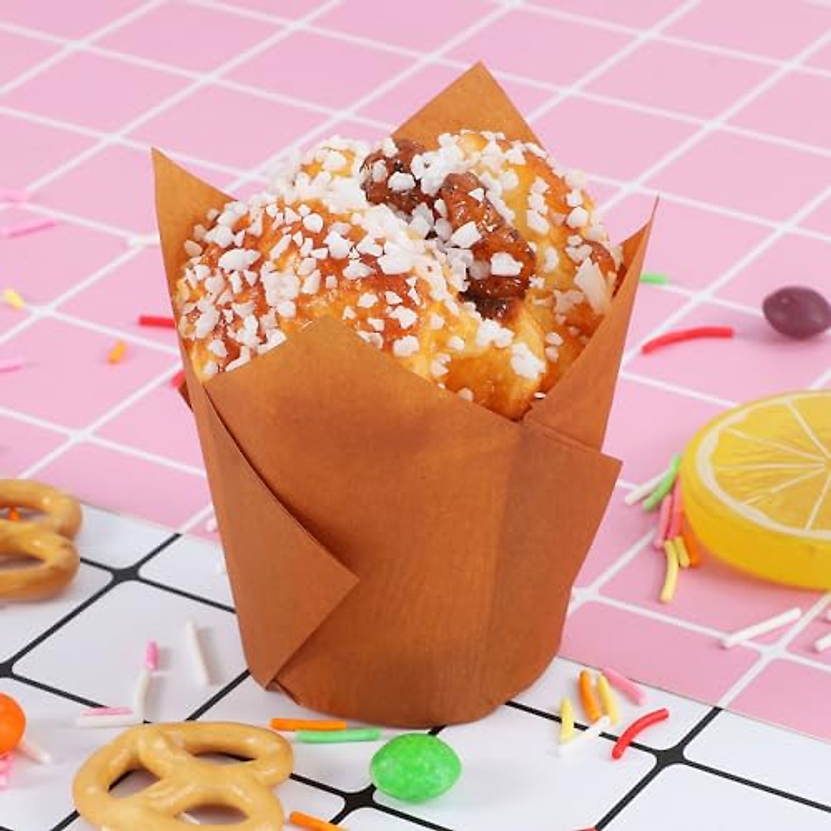 Caperci Standard Tulip Cupcake Liners for Baking 120 Counts - Greaseproof Muffin Baking Cups for Wedding Birthday Party Baby Shower Festivals Christmas (Natural/White/Brown)