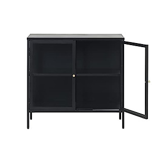 Modern Dover 2-Section Sideboard with Tempered Glass Doors, Steel Frame, Adjustable Height Feet, Freestanding for Home Office, Living Room, ‎Bathroom, Nursery, Bedroom, 15.75x36.5x33.5 in., Black/Gold