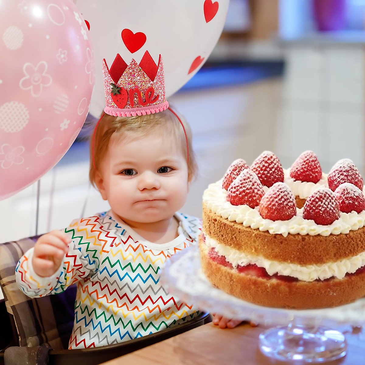 PEUTIER Strawberry 1st Birthday Hat for Baby Girls, Pink Sequin Berry Headwear First Birthday Decoration Sweet One 1st Birthday Headband for Baby Shower Party Decor Photo Props