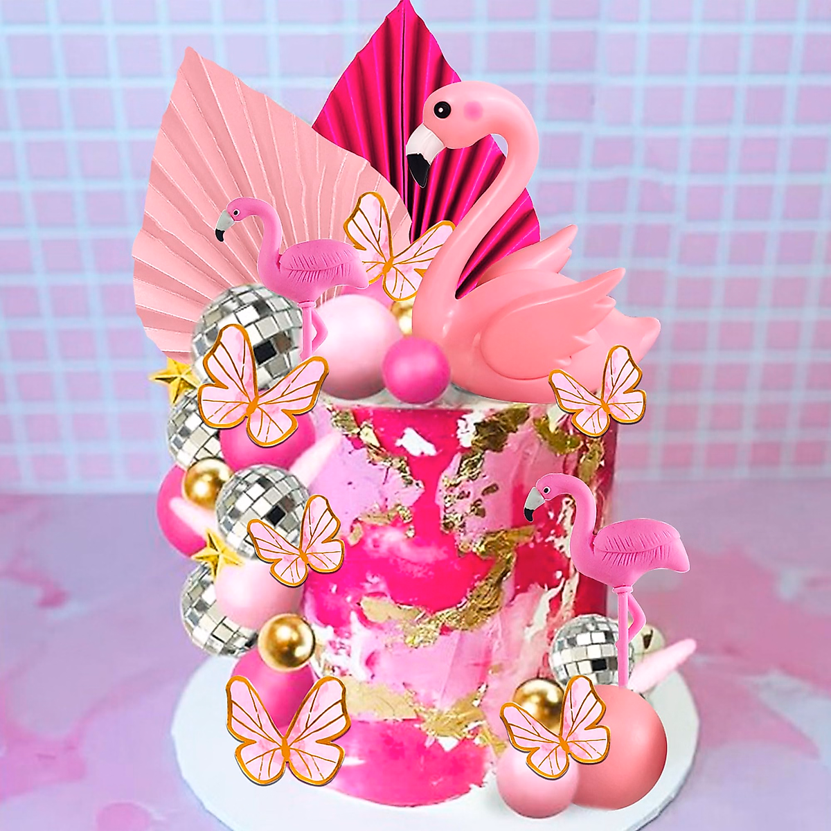 JeVenis 30 PCS Pink Flamingo Cake Topper Luau Cake Decorations Hawaiian Cake Topper Beach Cake Topper Decorations for Birthday Baby Shower Bridal Shower Wedding Party