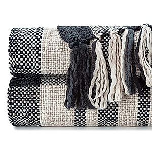 Chanasya Farmhouse Pattern Plaid Throw Blanket Lightweight Knit Textured Woven Decorative Blanket for Couch Bed Living Room Blanket with Tassels Fringed Throw Blanket (50x65 Inches) Black