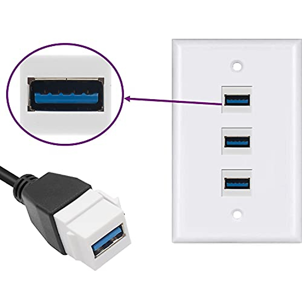 Poyiccot USB 3.0 Keystone Jack Cable, USB 3.0 A Male to USB 3.0 Keystone Jack Female M/F Pigtail Extension Keystone-to-Cable for Wall Plate Connectors Adapter Convertor Cable