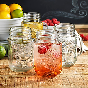 Glaver's Mason Drinking Jars – Set of 4, 16 Oz Clear Glass Jars – With Convenient Handle and Ice-Cold Embossed Logo – Ideal for Hot and Sunny Days – Perfect Glass Cups for Cold Drinks