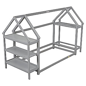 LostCat Twin House Shaped Floor Bed with 2 Detachable Storage Shelves, House Shaped Twin Bed Frame with Roof, Wood Montessori Floor Bed with Clothes Drying Rack, Floor Bed Frame for Kids, Grey