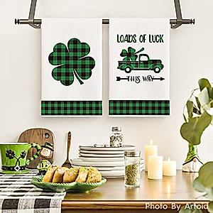 Artoid Mode Buffalo Plaid Lucky Clover Shamrock Truck Kitchen Dish Towels, 18 x 26 Inch Seasonal St. Patrick's Day Quotes Ultra Absorbent Drying Cloth Tea Towels for Cooking Baking Set of 4