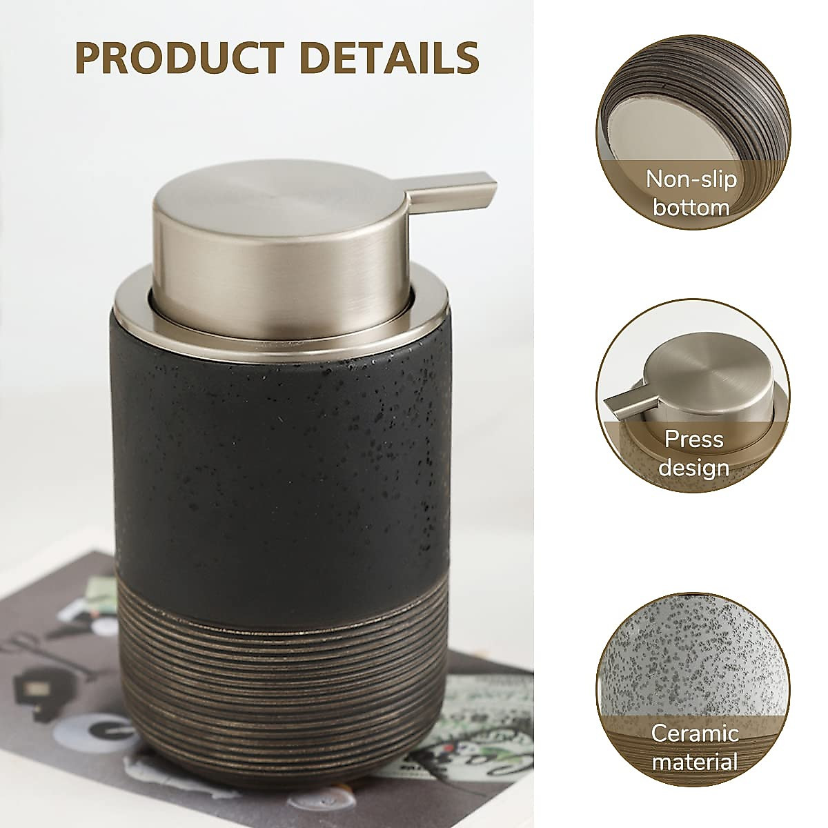 Ceramic Foam Hand Soap Dispenser, 12Oz Countertop Lotion Dispensers for Bathroom with Easy-to-Press Pump, Refillable Liquid Lotion Hand Soap Dispenser, Dish Soap Dispenser for Kitchen