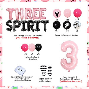 Halloween 3rd Birthday Party Decorations - Three Spirit Black Hot Pink Balloon Garland Kit with Spider Cotton, Number 3 Ghost Bat Foil Balloon Spider 3D Sticker for 3rd Birthday Halloween Decorations