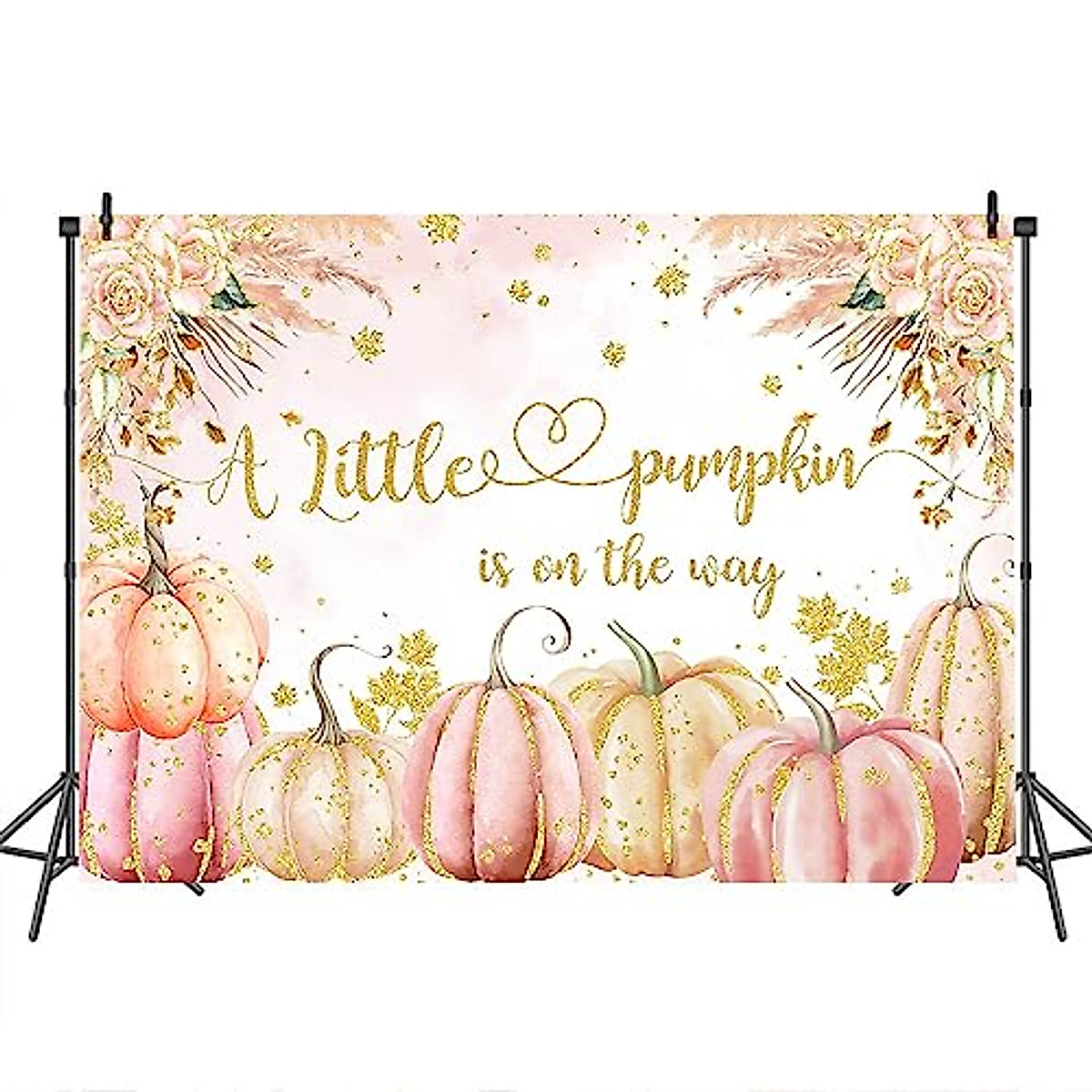 Mocsicka Pumpkin Baby Shower Backdrop for Girls Gold Pink Boho Flowers Pumpkin Photo Background Little Pumpkin is on The Way Baby Shower Party Decorations Photo Booth Studio (6x4ft)