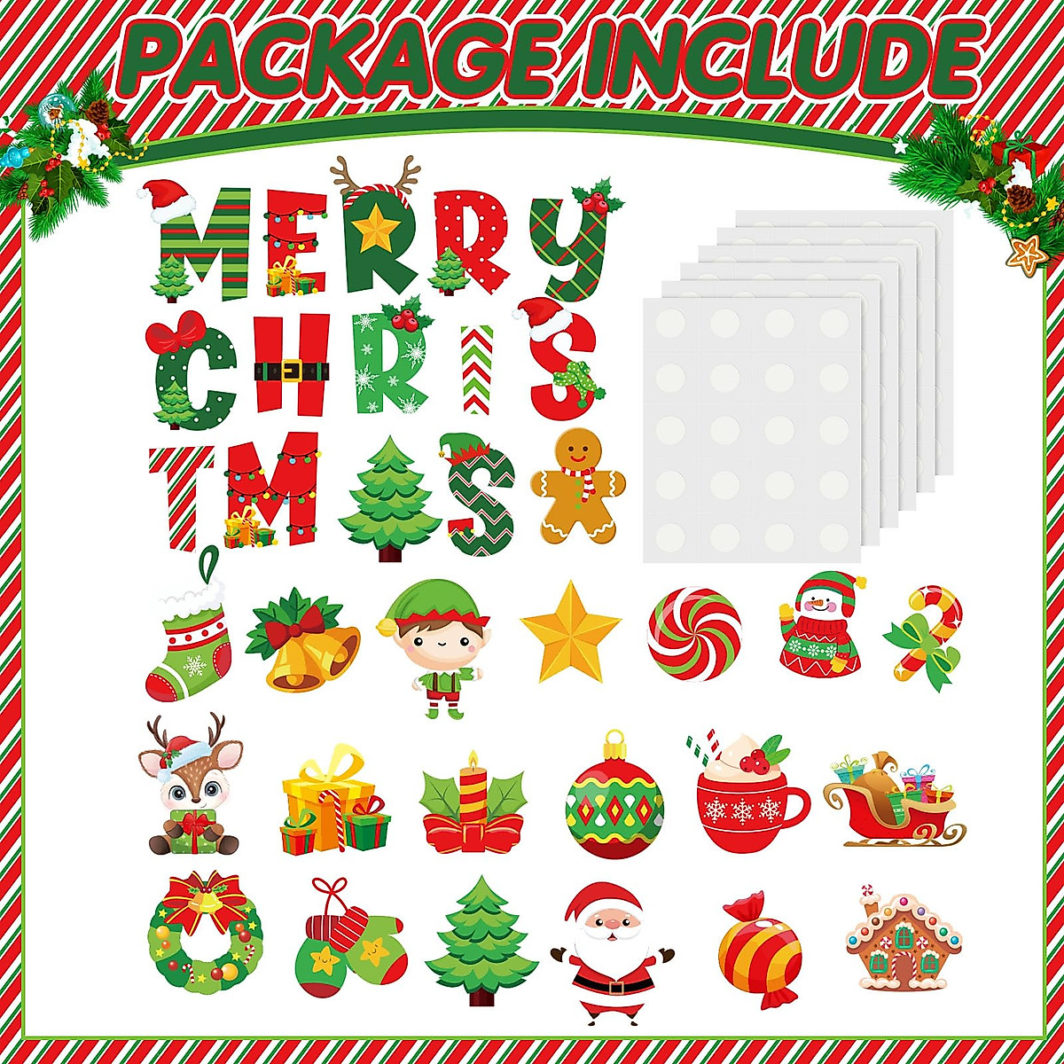Estune 72 Pcs Merry Christmas Bulletin Board Set Winter Decoration Set Christmas Tree Candy Wreath DIY Cardstock Paper Cutout Holiday Borders Bulletin Teacher Supplies