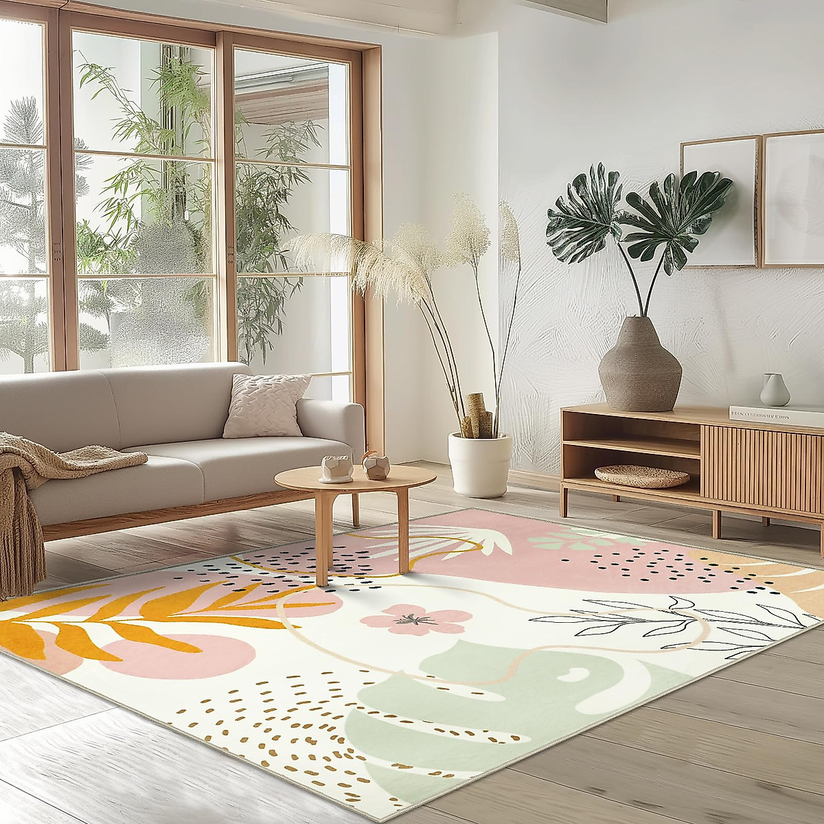 Capslpad Area Rugs 5x7, Boho Rugs for Living Room, Washable Rugs, Low Pile Soft Non-Shedding, Pink Botanical Print Rug for Bedroom, Office, Classroom, Nursery, Dining Room