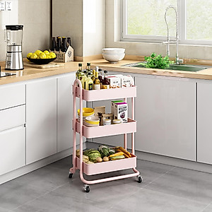MIOCASA 3-Tier Metal Utility Rolling Cart, Heavy Duty Multifunction Cart with Lockable Casters, Easy to Assemble, Suitable for Office, Bathroom, Kitchen, Garden (Pink)