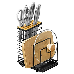 Poeland Cutting Boards Knife Organizer, 3 in 1 Kitchen Organizer Rack, Kitchen Utensils Rack Chopping Boards/Knives/Pot Pan Lid Storage with Drip Tray, Black