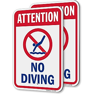 SmartSign Attention No Diving Sign - 2 Pack, 18 x 12 inch, Pool Sign, 2mm Aluminum Composite, Pre-Drilled Holes, Red/Blue on White