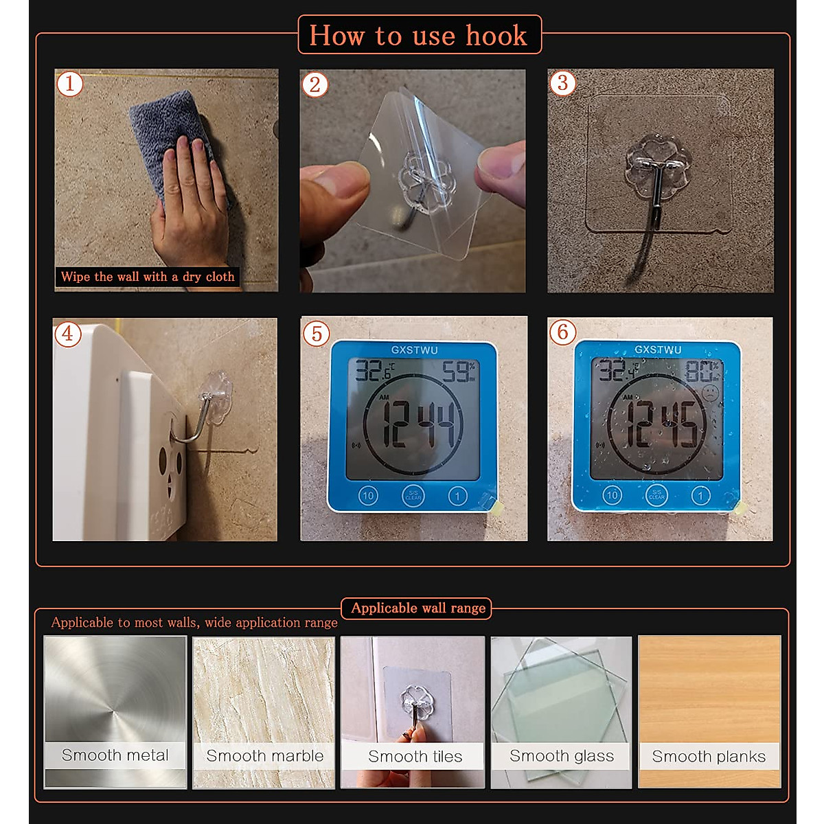 GXSTWU Digital Timer Shower Clock Waterproof【Waterproof for Water Spray】 with Alarm, Bathroom Kitchen Wall Clock, Touch Screen Timer, Thermometer Hygrometer Suction Cup Hanging Hole Stand Magnet Blue