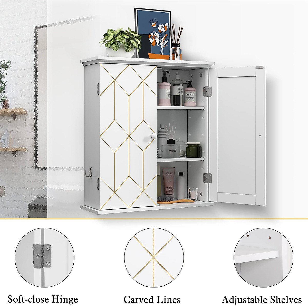 AZODY Bathroom Cabinet with Gold Trim, Wall-Mounted Bathroom Storage Cabinet with Adjustable Shelves and Side Hooks, Space Saver Medicine Cabinet for Livingroom, Laundry, Classical White