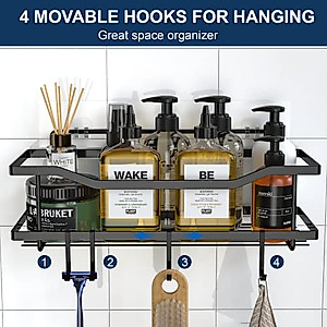 WEYEEN Shower Caddy Bathroom Shelf, No Drilling Adhesive Bathroom Storage Organizer with 4 Hooks, Rustproof Stainless Steel Shower Shelf for Inside Shower & Kitchen Storage , 2 Pack (Black)