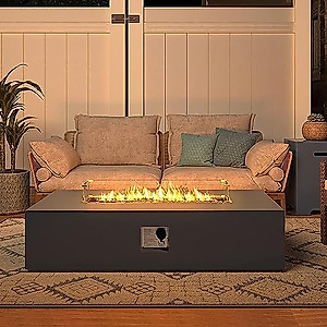 UPHA 56-inch Outdoor Propane Gas Fire Pit Table 50000 BTU Concrete Rectangle Fire Pit for Outside Patio with Propane Tank Cover, Wind Guard, Lava Rocks, Rain Cover, Grey
