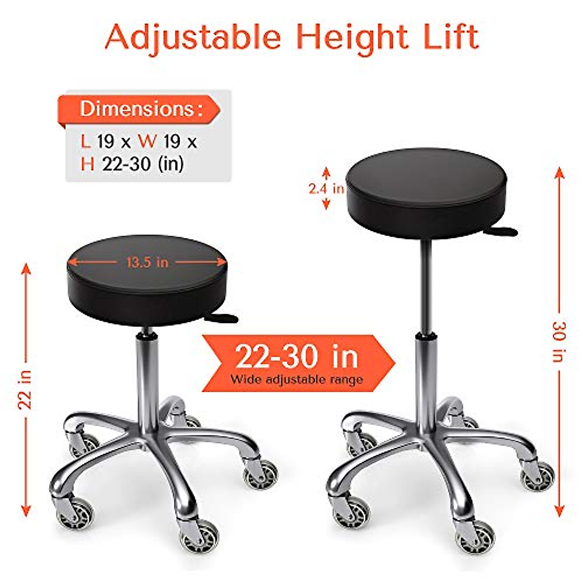 TASALON Rolling Stool - Adjustable Stool with Wheels - Soft Swivel Workbench Stool- Desk Stool Chair for Kitchen, Salon, Spa, Tattoo, Pedicure - Massage Stool Salon Stool Esthetician Chair – Black