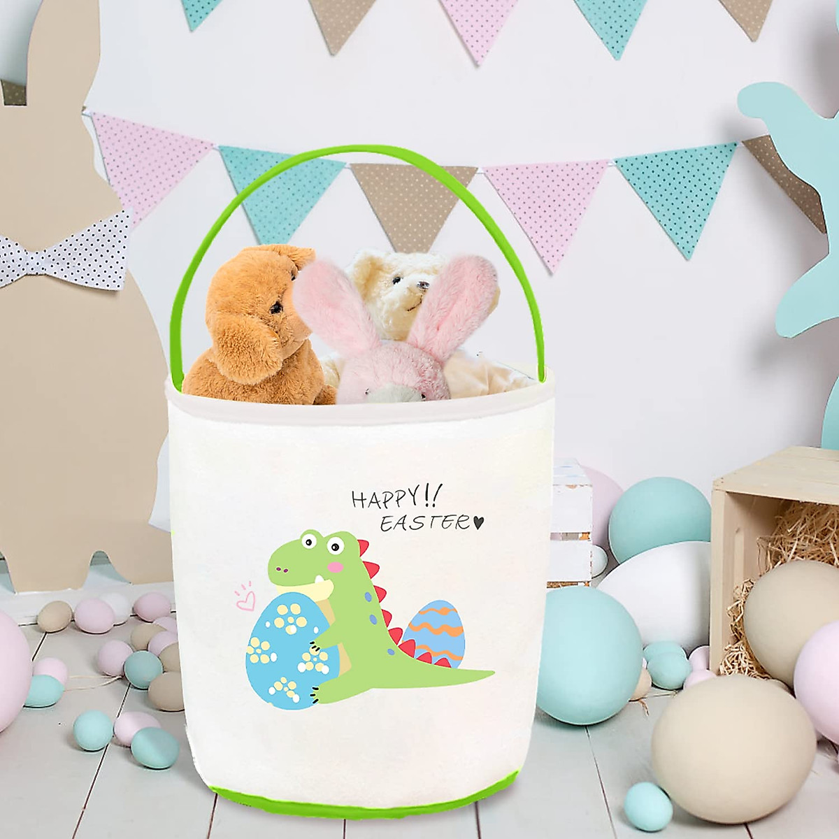 Cerlaza Easter Gift Basket Empty for Kids Canvas Tote, Easter Dinosaur Holding Eggs Hunt Basket with Handle for Toys Carrying, Cute Design Cotton Basket for Easter Party Supplies