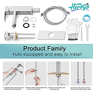Herogo Brushed Nickel Bathroom Faucet, Stainless Steel Bathroom Sink Faucets with Brass Pop-up Sink Drain Stopper & Deck Plate 1 or 3 Hole, Single Handle RV Lavatory Faucet with 2 Water Hoses