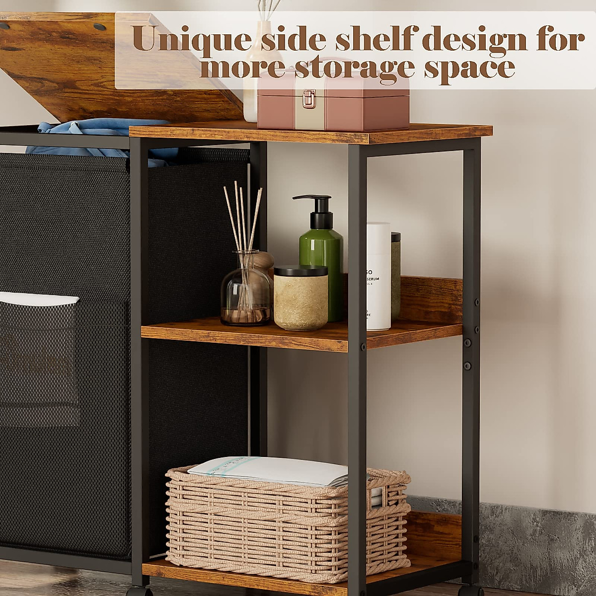 Furnulem Rolling Laundry Hamper with Wood Shelves, Lid & Wheels, Clothes Basket Hamper Organizer for Bathroom, Bedroom, Laundry Room