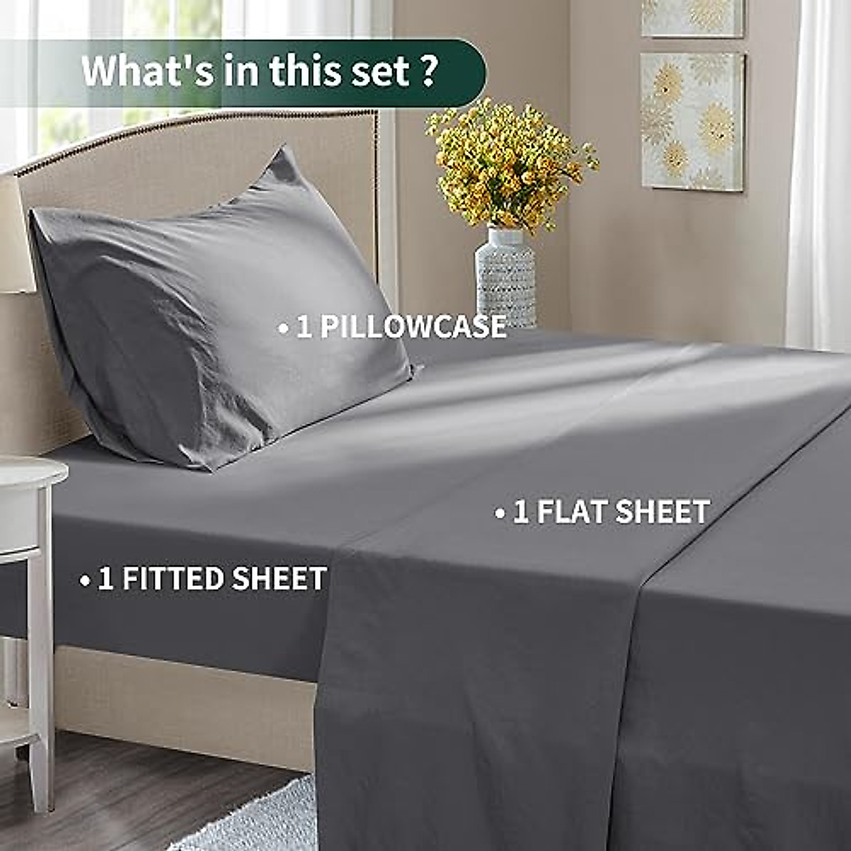 CHUN YI Bed Sheets Twin Size, 3 Piece Sheet Set, Fitted Sheet and Pillowcase Set, Twin Sheets Deep Pocket, Super Soft Breathable Cooling Sheets Hotel Luxury Sheets Easy Care (Grey)