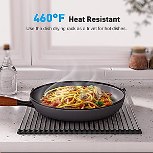 EMBATHER Roll Up Dish Drying Rack Over The Sink, Dish Drying Rack for Kitchen Counter, Multipurpose Stainless Steel Foldable Kitchen Drainer Rack, Anti-Slip, (Black, 17.8"x11.8")