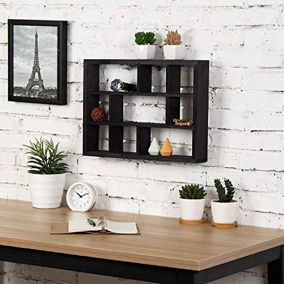 MyGift 15-Inch Wall-Mounted (Vertical or Horizontal) 9-Slot Rustic Wood Floating Shelves/Freestanding Shadow Box, Black