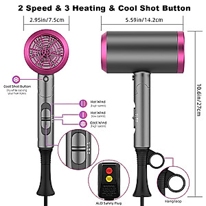 Roykoo 2000W Ionic Hair Dryer - Fast Drying, 3 Heat/2 Speed Settings, With Diffuser and Nozzles for Home and Travel Use