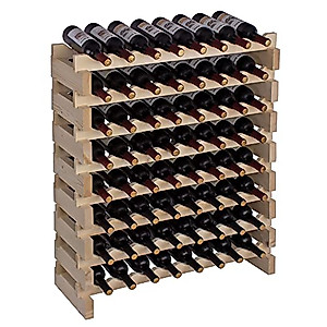 DisplayGifts Pine Thick Wood Stackable Storage Stand Display Shelves Wine Rack Wobble-Free Natural Wood 64 Bottle Capacity 8 X 8 Rows