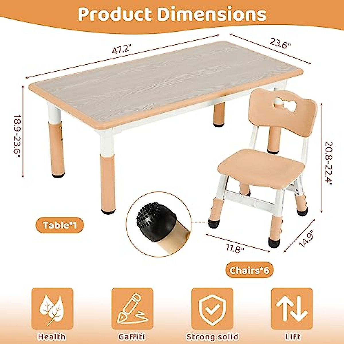 Arlopu Kids Table and 6 Chairs Set, Height Adjustable Graffiti Table, Preschool Activity Art Craft Table, for Daycare Classroom Home Boys and Girls Age 3-12 (Beige)