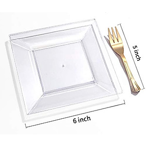100pcs Square Dessert Plates with 100pcs Gold Dessert Forks, Clear Premium Plastic Salad Plates, Party Essentials Appetizer Plates,Gold Plastic Silverware, 6" Clear Dessert Plates and 5" Gold Forks