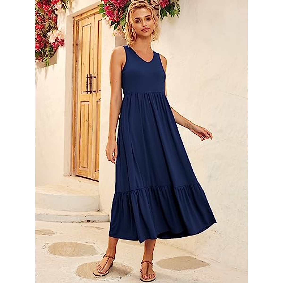 LILLUSORY Women's Summer Sleeveless V Neck Flowy Swing Dresses Casual Tiered Long Maxi Dress with Pockets Navy Blue